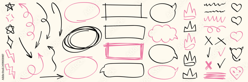 Cute doodle naive elements.Hand drawn abstract shapes. Devil heart ...