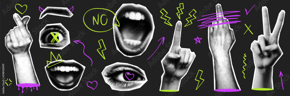 Trendy punk halftone collage set with retro halftone elements and naive ...