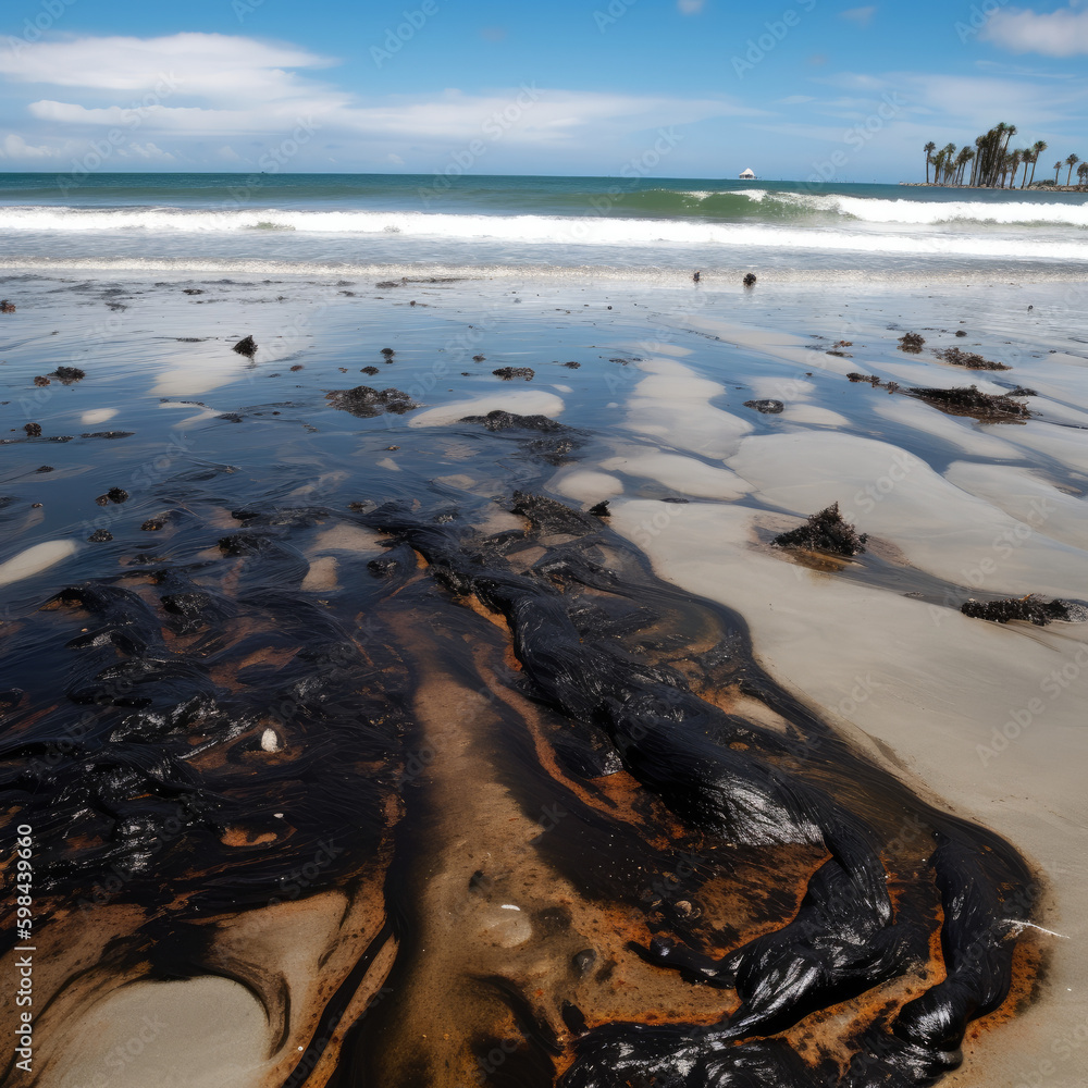 Oil spill on a beach affecting marine life and coastline Stock Photo ...