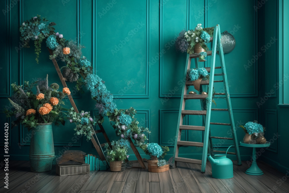 The Ladder Teal Floral Room Digital Backdrops, Maternity Backdrop ...