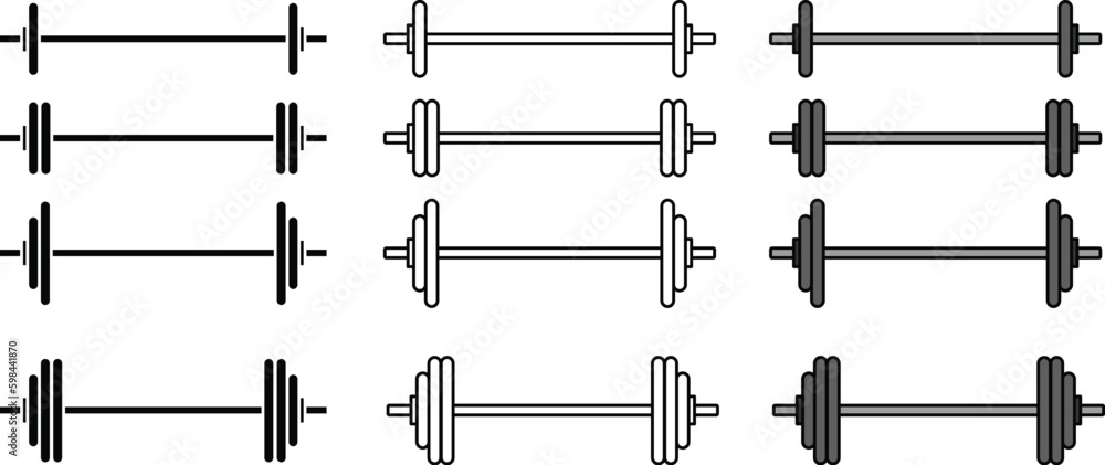Barbell Gym Weights Clipart Set - Outline, Silhouette and Color Stock ...