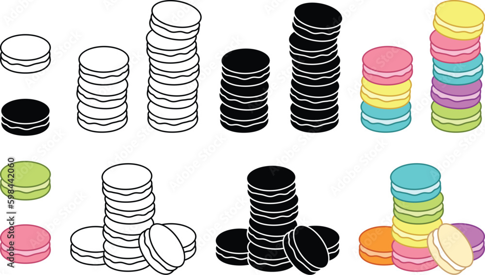 Stacked Macarons Dessert Clipart Set - Outline, Silhouette & Color ...