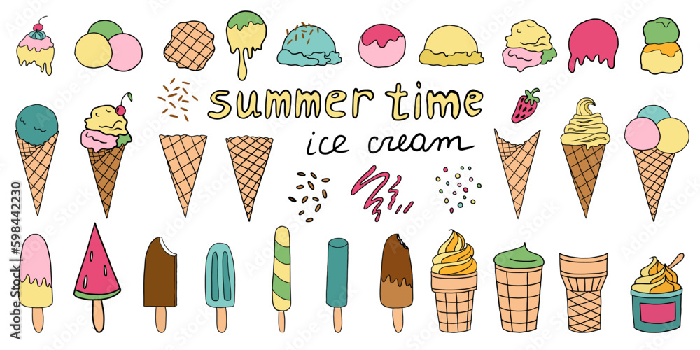 Big colorful set of ice cream in doodle style. Ice cream waffle cones ...