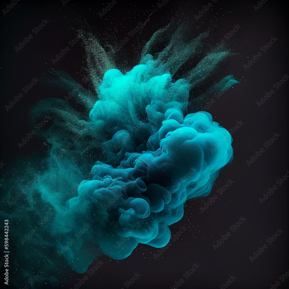 Generative AI. Smoke veil. Paint water. Blue haze. Teal blue color glitter dust particles mist ...