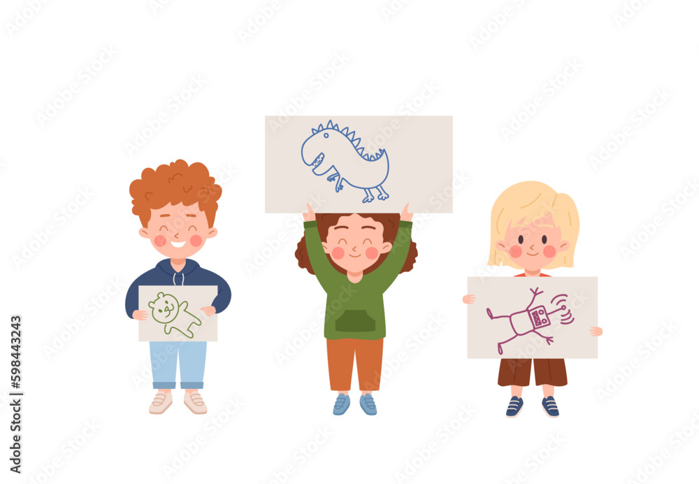 Creative kids show their drawings flat cartoon vector illustration ...