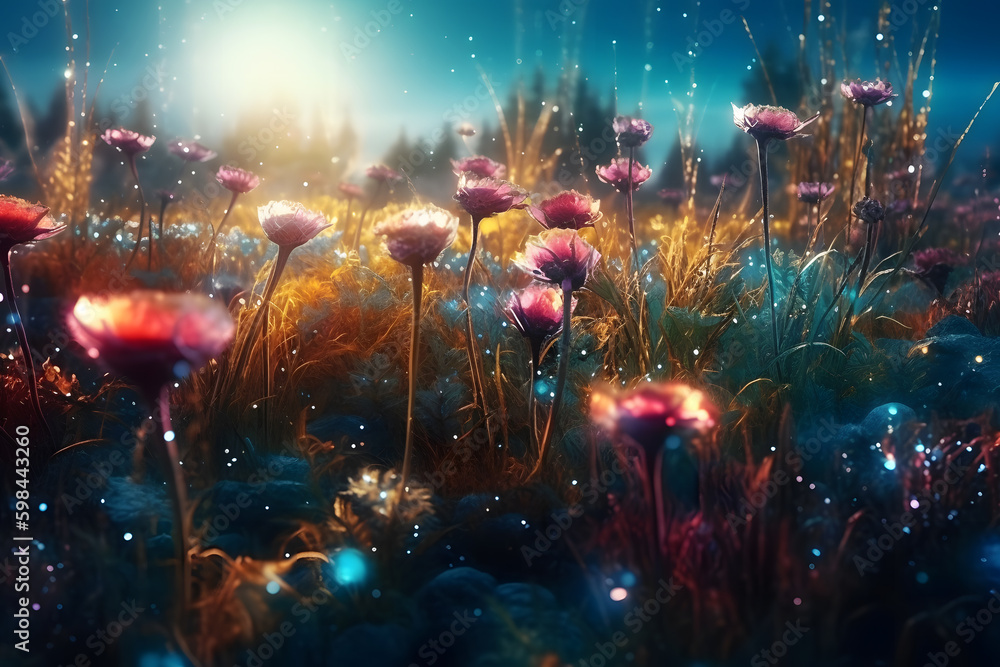 Beautiful multicolored flowers in the field. Neural network AI ...