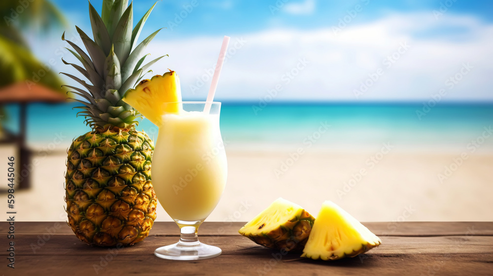 Pina Colada cocktail on background with blue sea and sky tropical ...