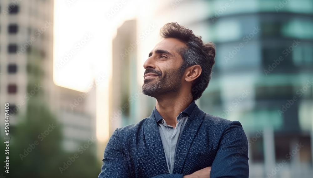 Happy wealthy rich successful business man standing in big city modern ...