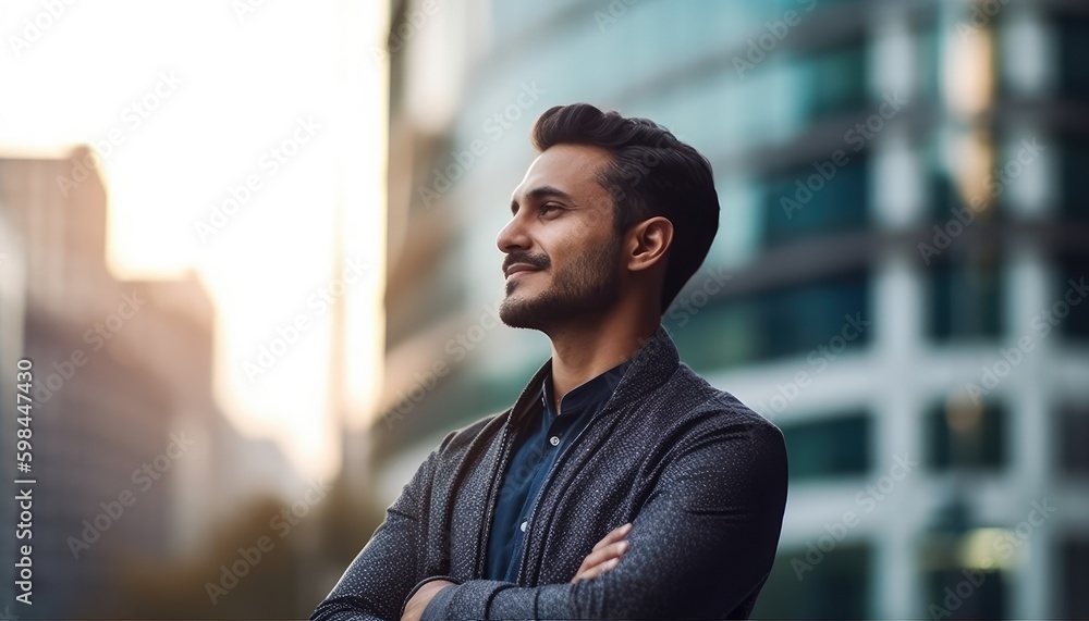Happy wealthy rich successful business man standing in big city modern ...