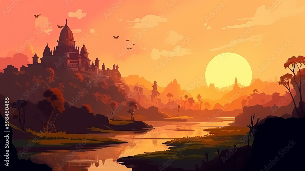 Paisaje estilo indio. Asia del Sur. Himalaya. Ganges en Varanasi. Nueva ...