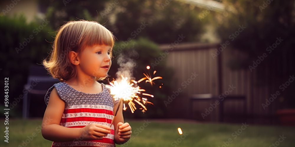 Happy child with sparkler celebrating the 4th of July, Independence Day ...