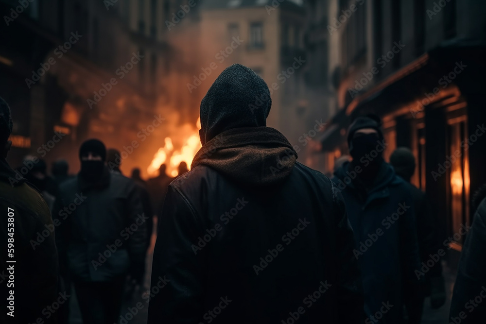 fictional looting or demonstration, robbery or theft, masked men on a ...
