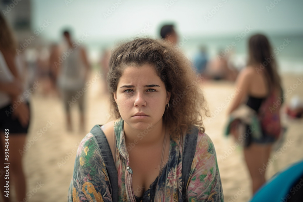 young woman or teenager on the beach in a bad mood, introvert or shy or ...