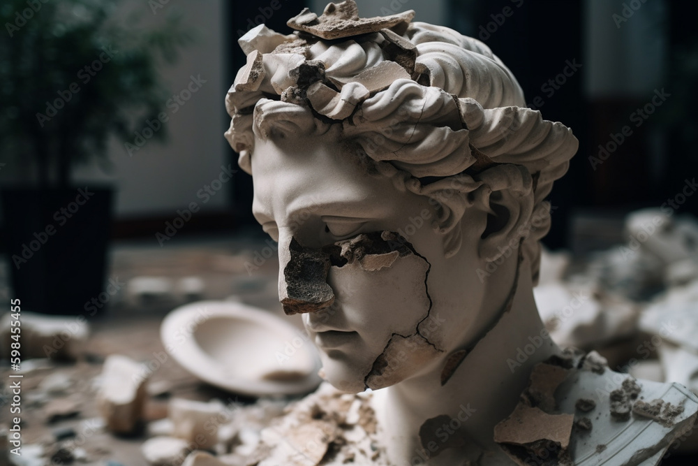 Broken ancient greek statue head falling in pieces. Broken marble ...