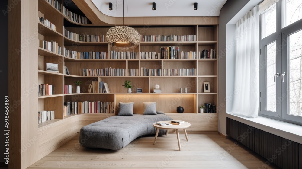 Minimalist home library with built-in shelves and a reading nook ...