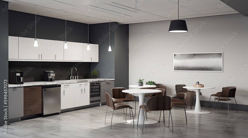 Minimalist office break room with modern furniture and clean design ...