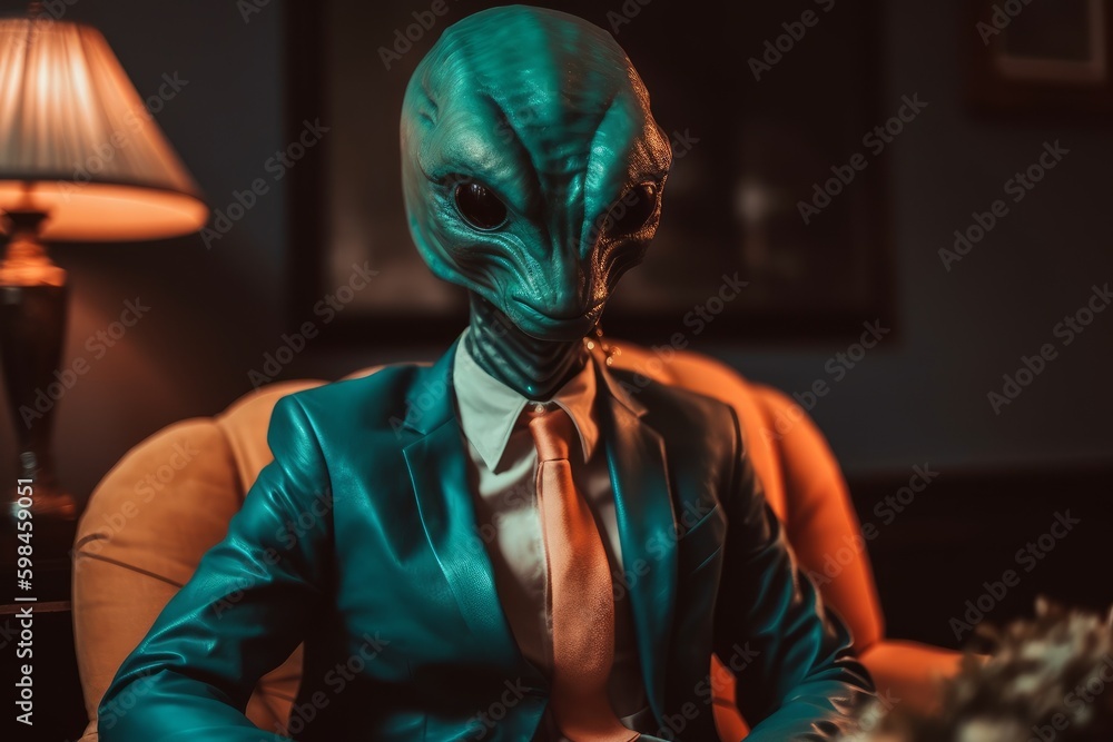 The alien works in the office. Background with selective focus. AI ...