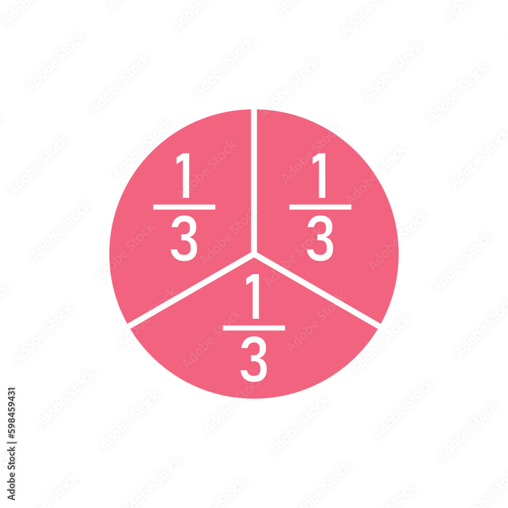 Circle divided into three equal segments. One third fraction circle ...