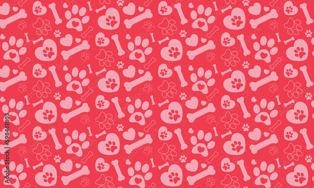 Seamless pattern with dog paw print, bone and hearts symbols on red ...