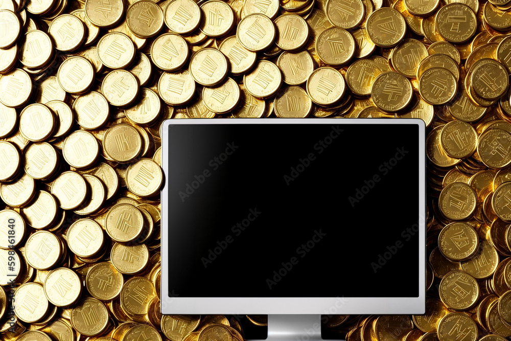 LCD Monitor With Blank Screen Sitting on a Pile of Gold Coins ...