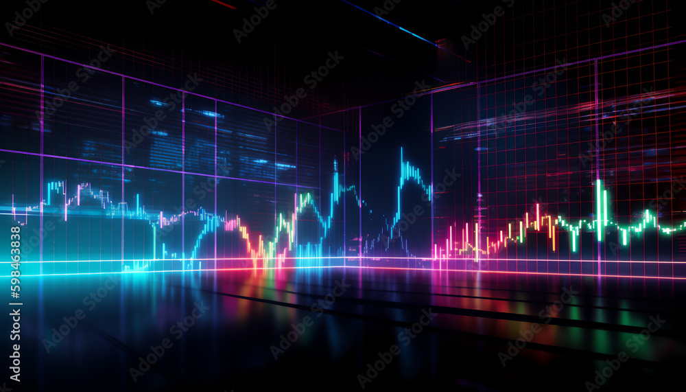 Generative AI, colorful stock market charts and indicator. Neon glowing ...