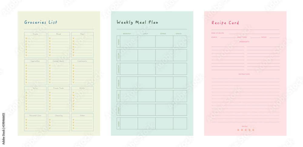 3 set of Recipe card and weekly meal plan and groceries list planner ...