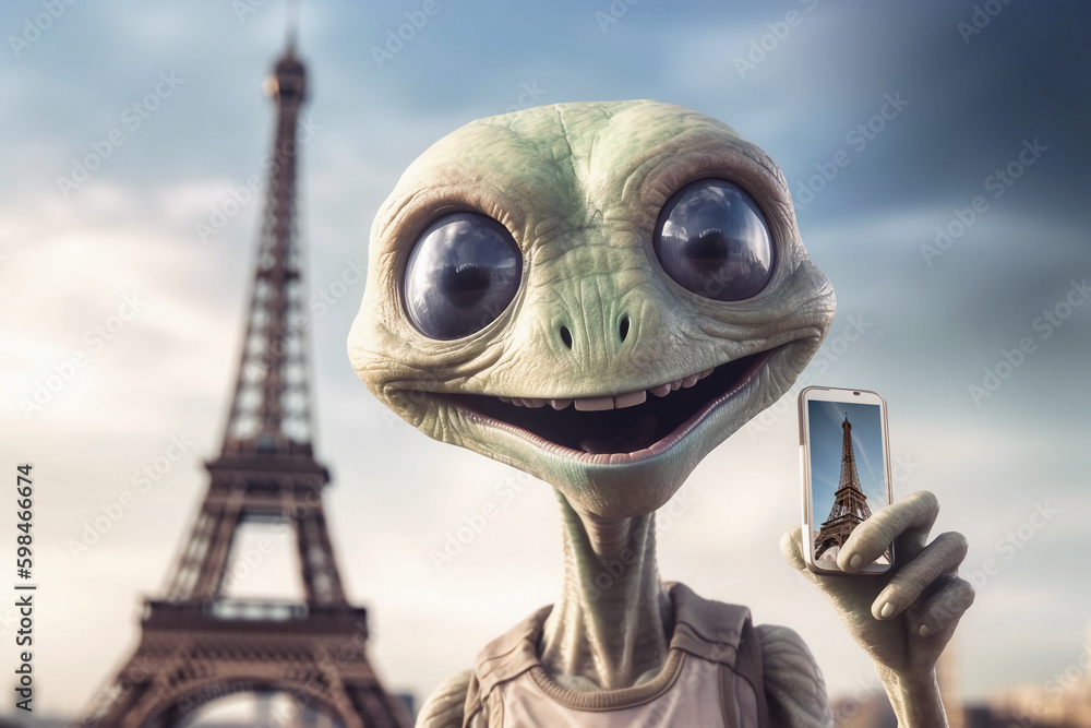 Composing of an alien visiting Paris. He is showing us a picture of the ...