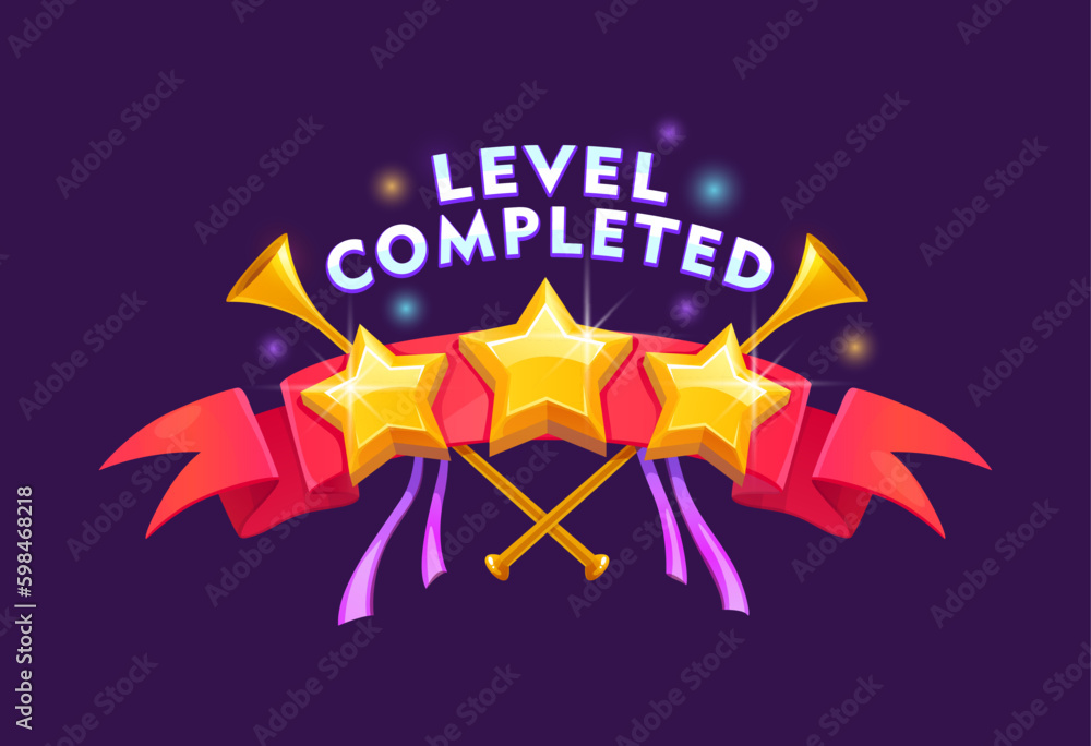 Game level complete badge or icon with golden stars, red banner and trumpets. Isolated ui or gui ...