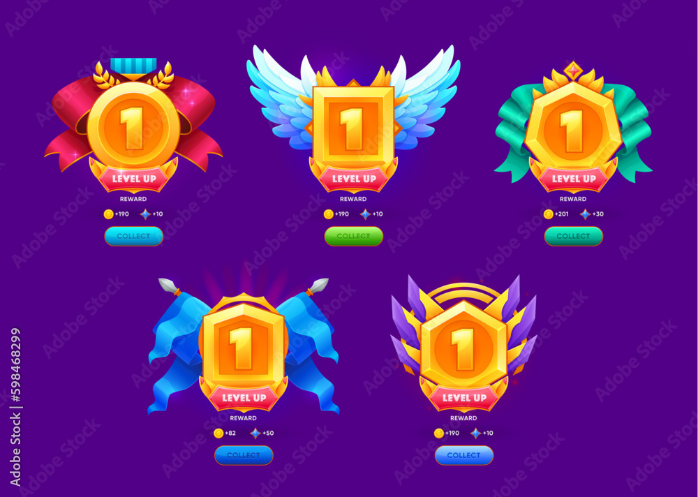 Vetor de Level up award or reward badges and game assets, vector UI ...