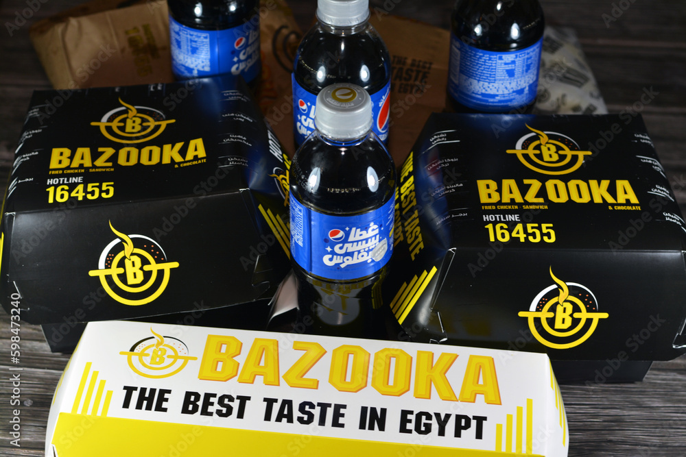 Cairo, Egypt, April 30 2023: Bazooka fast food delivery package of ...