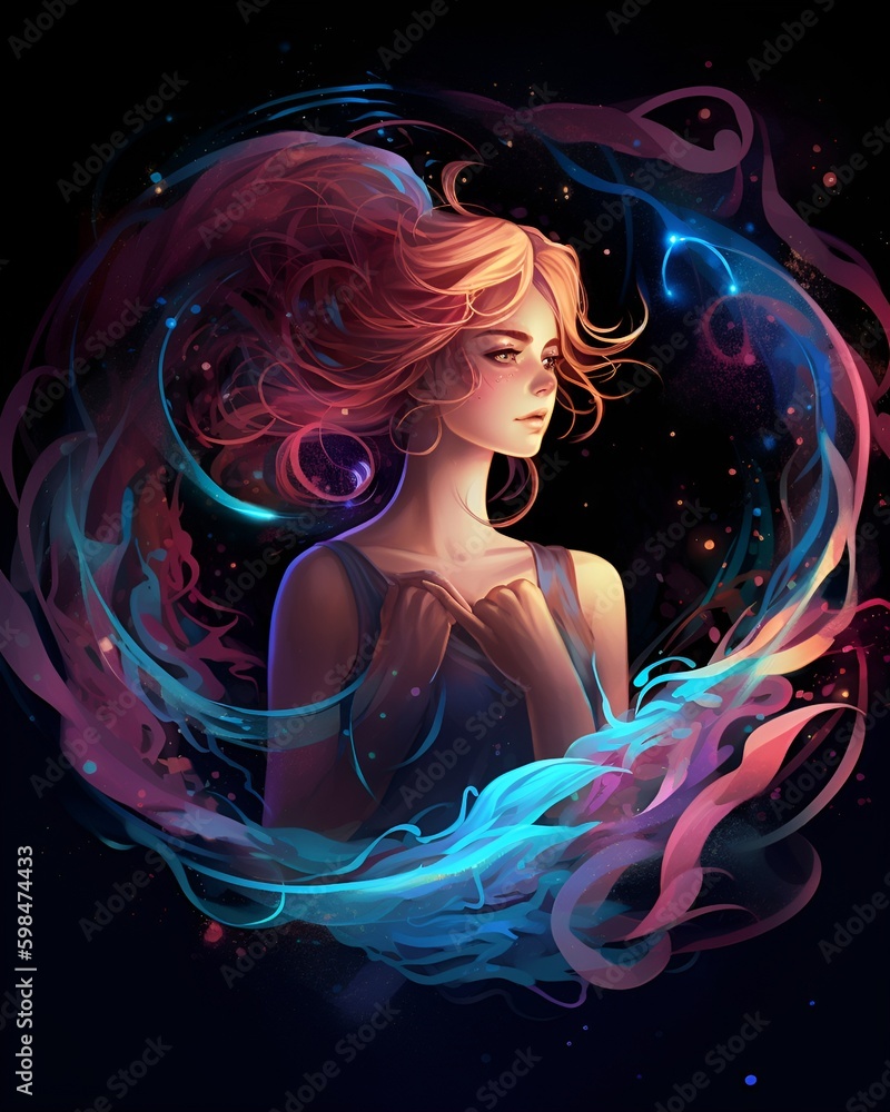 Magic swirls of colorful light spiral around the body of a beautiful ...