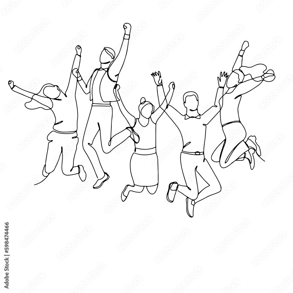 Single line drawing of jumping people, men and women. Linear hand drawn ...