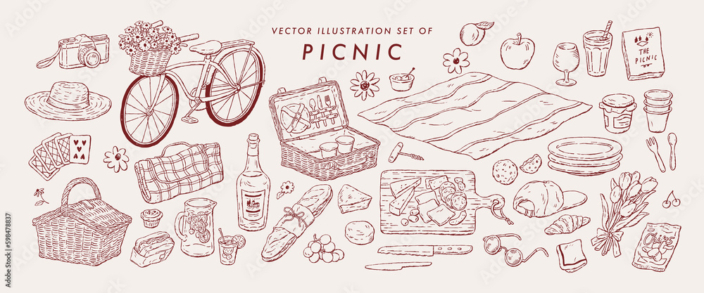 Vector illustration set of picnic.Hand drawn sketches. Stock Vector ...