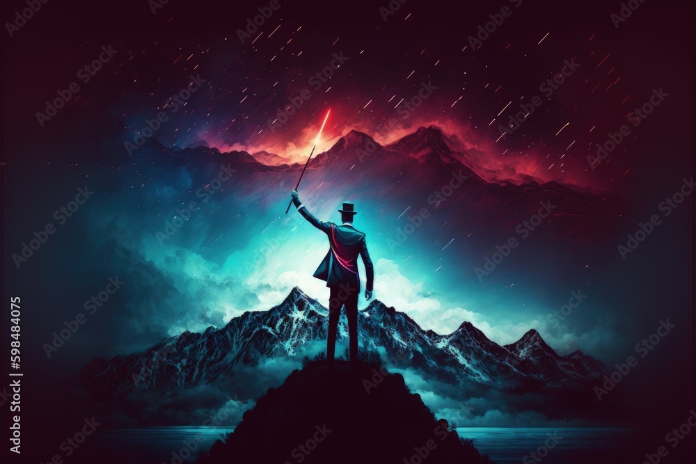 The conductor holds his baton while standing atop a mountain, gazing at ...