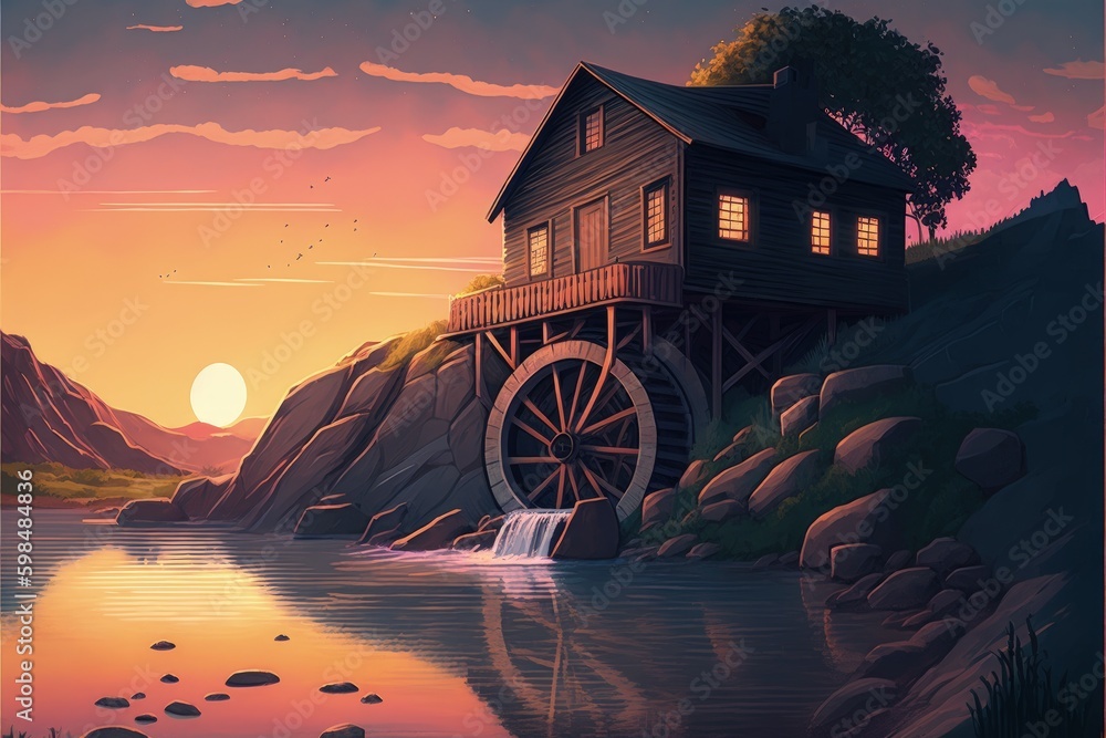 mountain cabin with waterwheel on rocky terrain. Fantasy concept ...