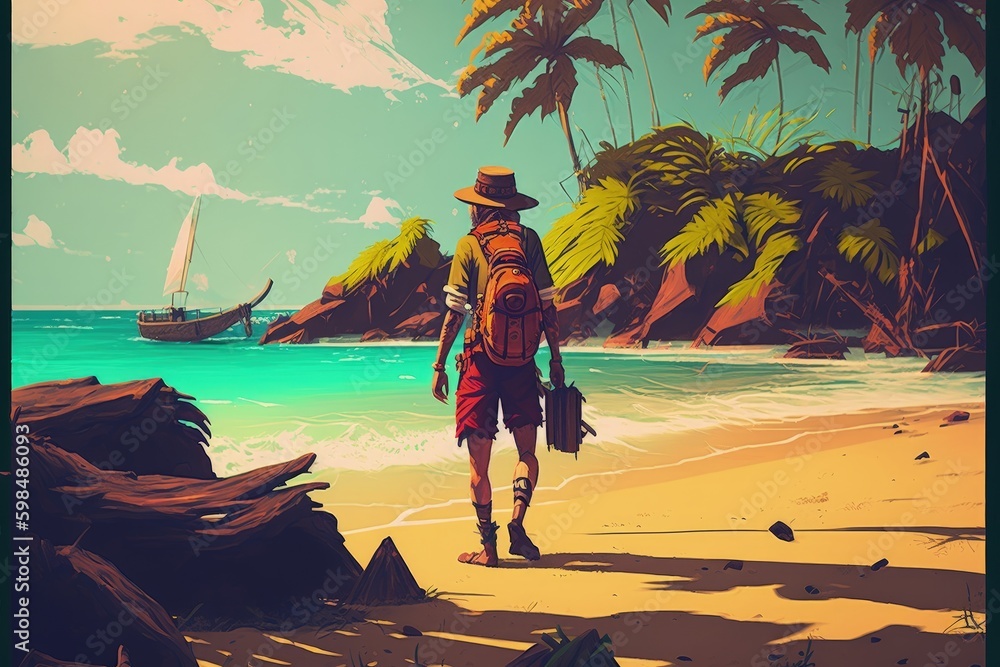 castaway stranded on an island beach. Fantasy concept , Illustration painting. Generative AI ...