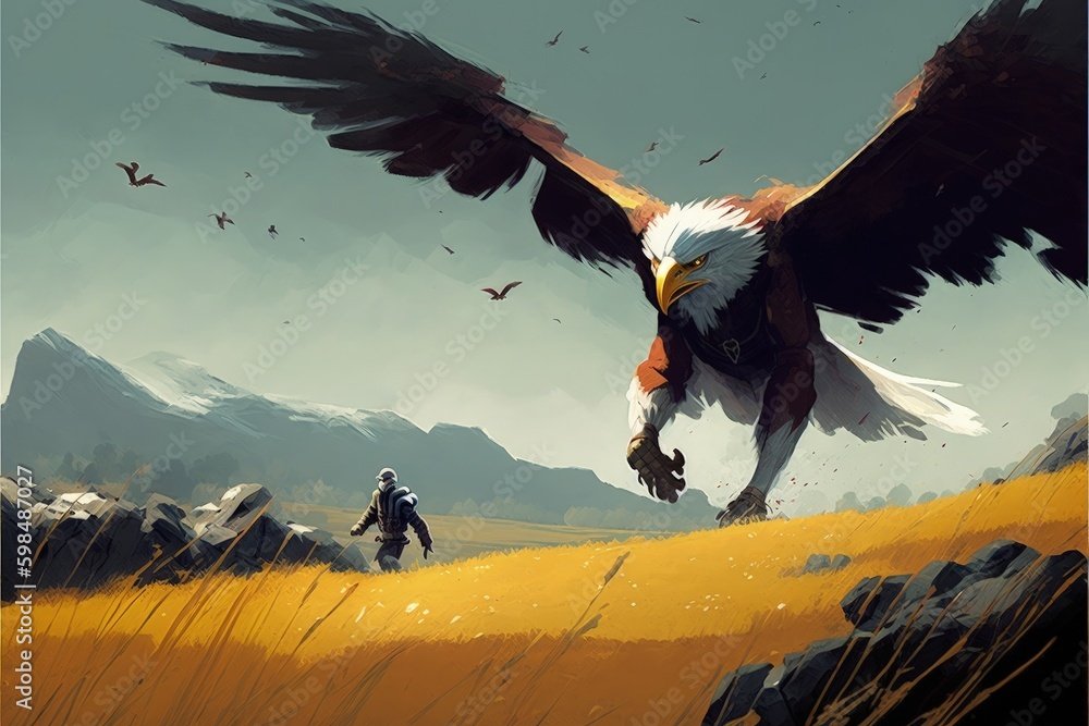 Colossal bird of prey attacks the fighter from overhead in a meadow ...