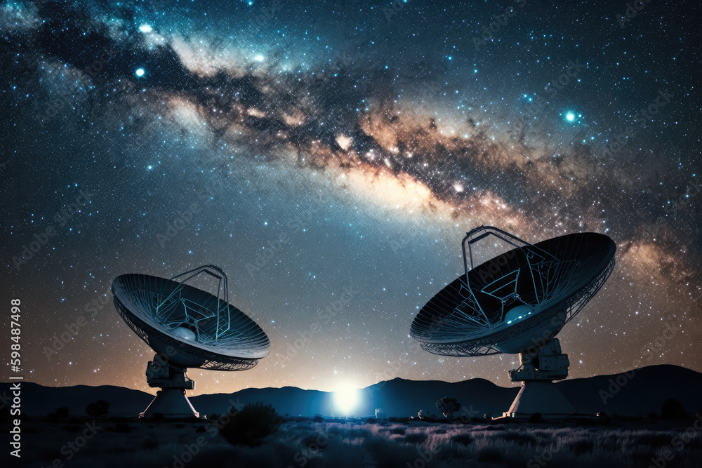 Radio telescopes night sky with Milky Way. Concept search for ...