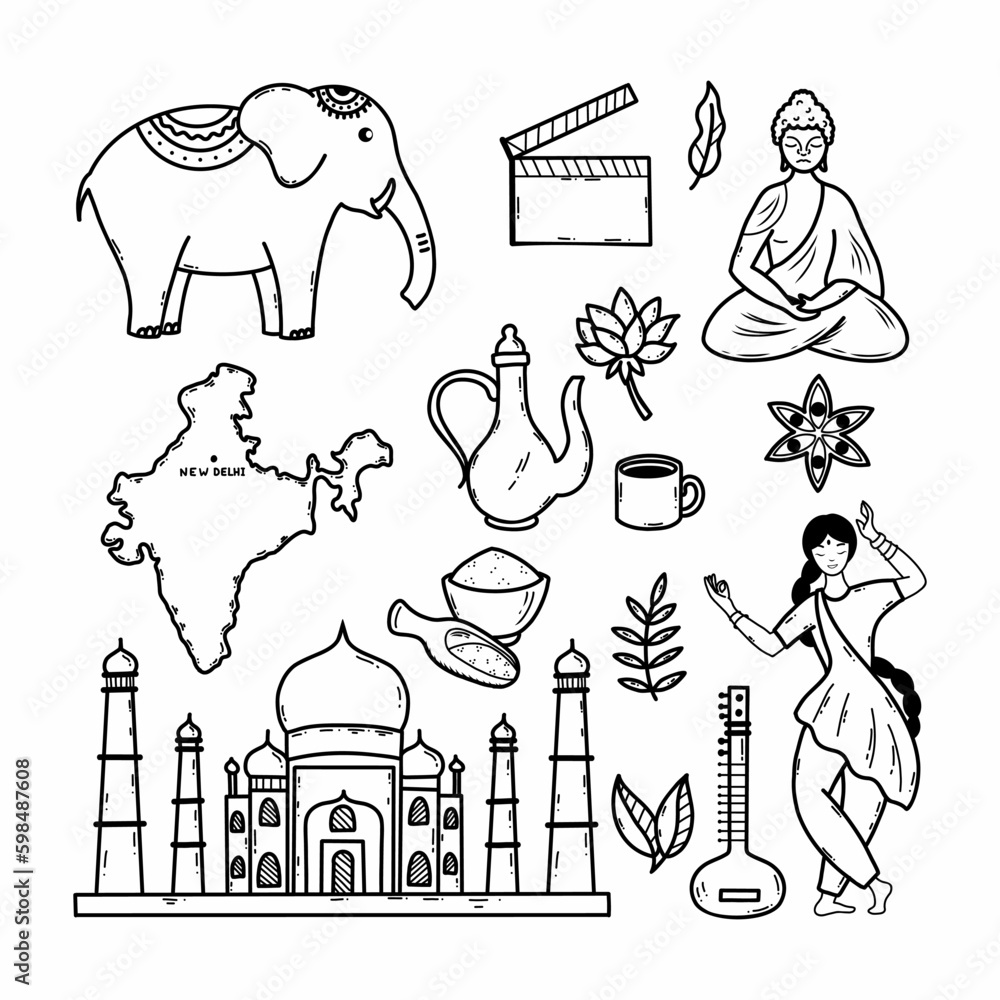 Culture and traditions of India. Vector doodle illustration. Set of ...