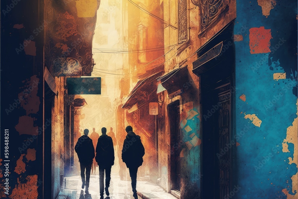 People strolling through a narrow alleyway with intricate designs on ...