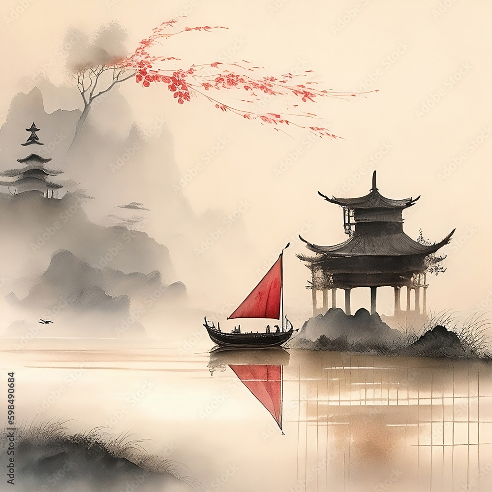 Chinese Fishing Boat Floating Beside a Lake Near the Village Hall ...