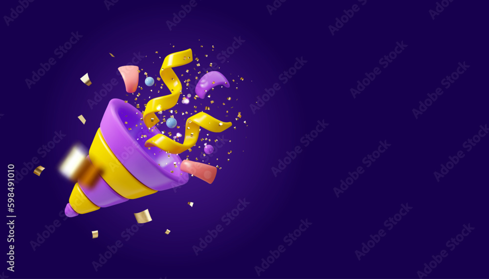 Vector 3d party popper banner. Happy birthday or anniversary background ...