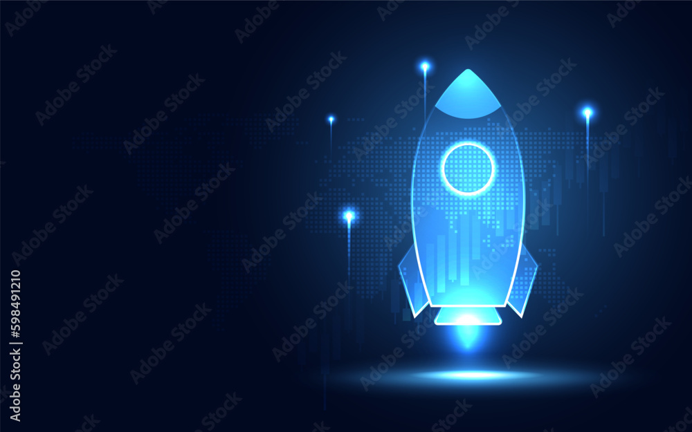 Futuristic blue glowing rocket launching candlesticks chart digital ...