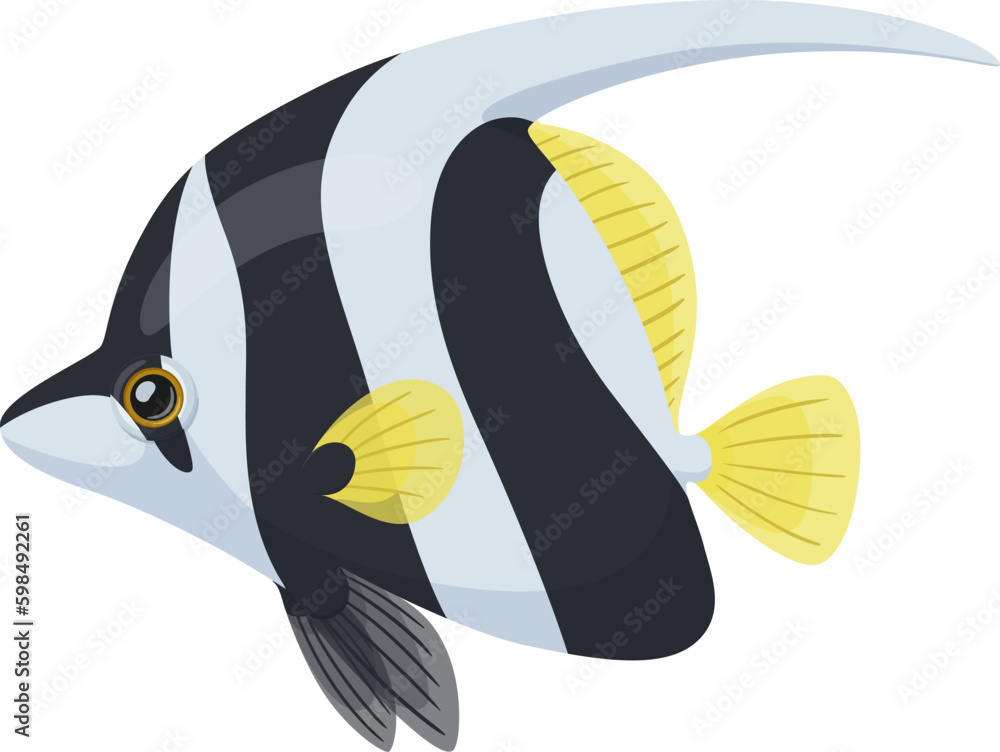 Cartoon tropical butterfly fish Heniochus acuminatus. White and black ...