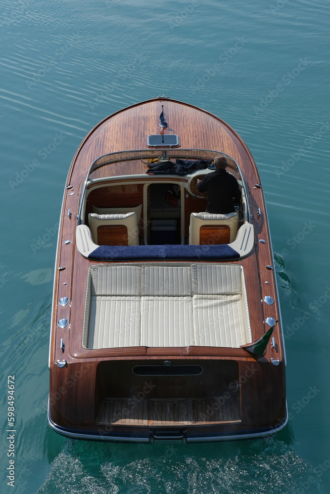 Foto de Classic Italian wooden boat aerial view. Top view of a wooden ...