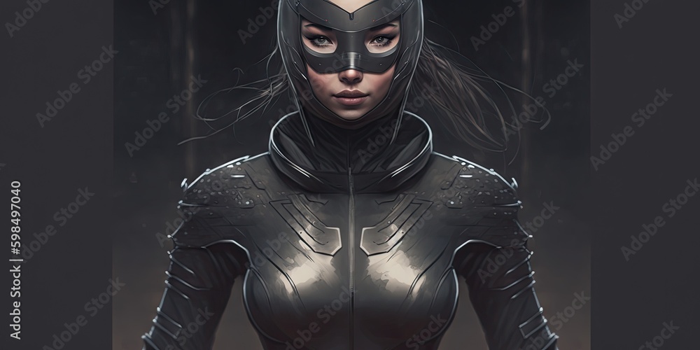 Ninja woman in full bodysuit isolated black background. Concept of ...