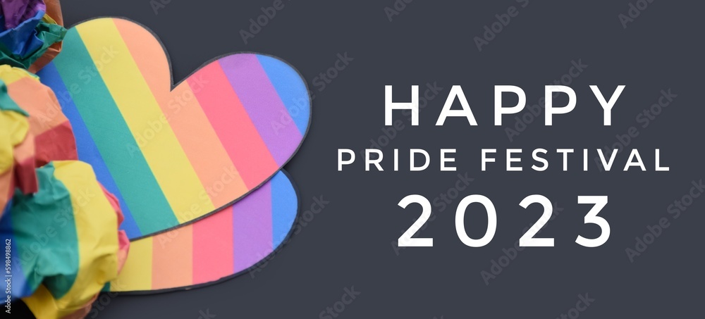 Happy pride festival 2023 with blurred rainbow heart and paper ball ...