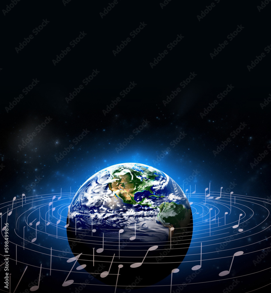 Harmony of nature, music notes around blue planet earth, environment ...
