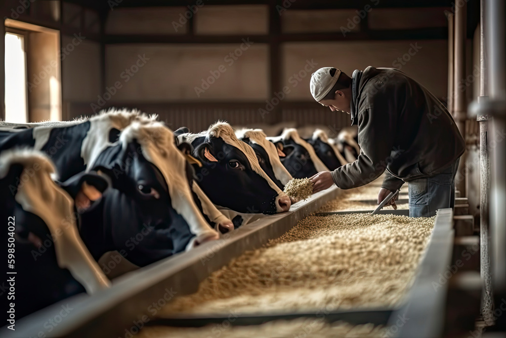 Healthy dairy cows feeding on fodder standing in row of stables in ...