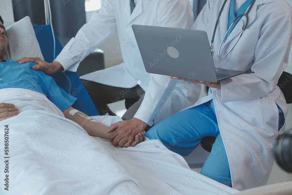Injured patient showing doctor broken wrist and arm with bandage in ...